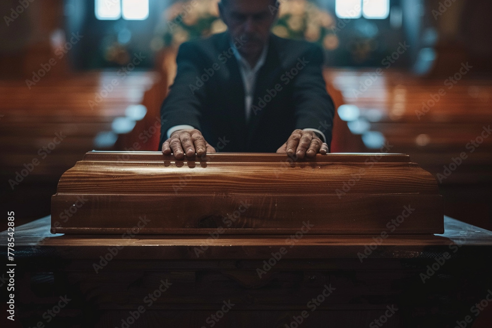Funeral, man hands and holding coffin at a sad, death and church even ...