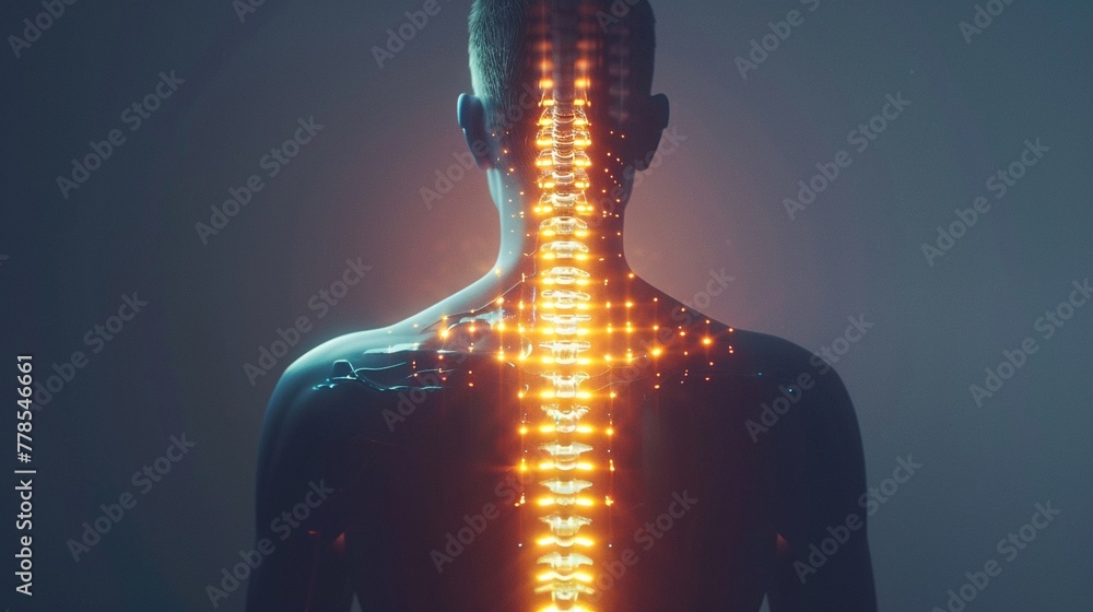 A back view of a person with a visual overlay of the spine glowing to ...