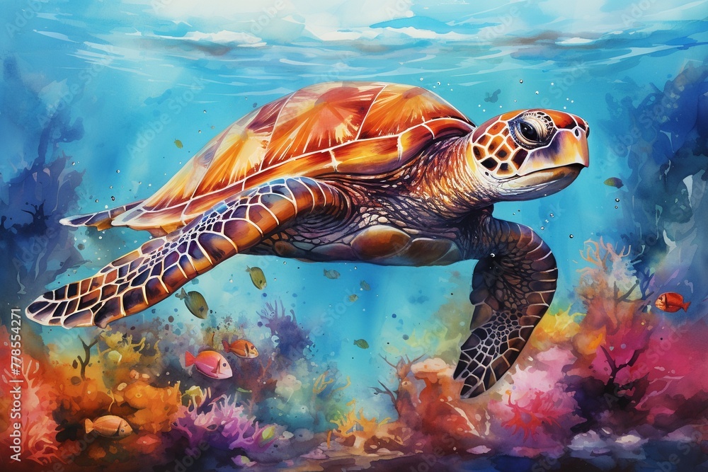 sea turtle swimming, An underwater watercolor scene, where dolphins ...