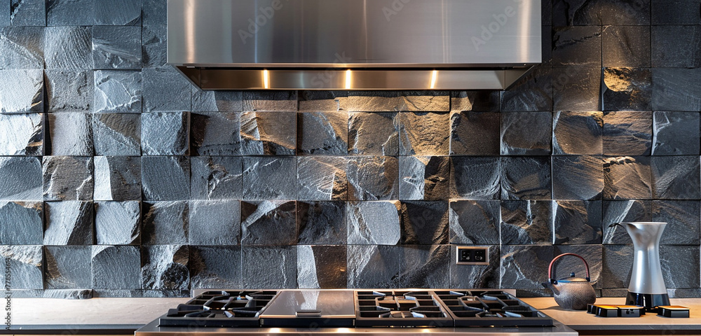 A modern kitchen backsplash made of soapstone tiles, each tile ...
