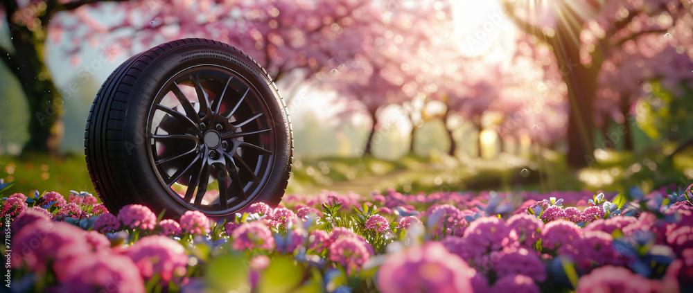 The car wheel is placed on the blooming cherry blossom meadow, with ...