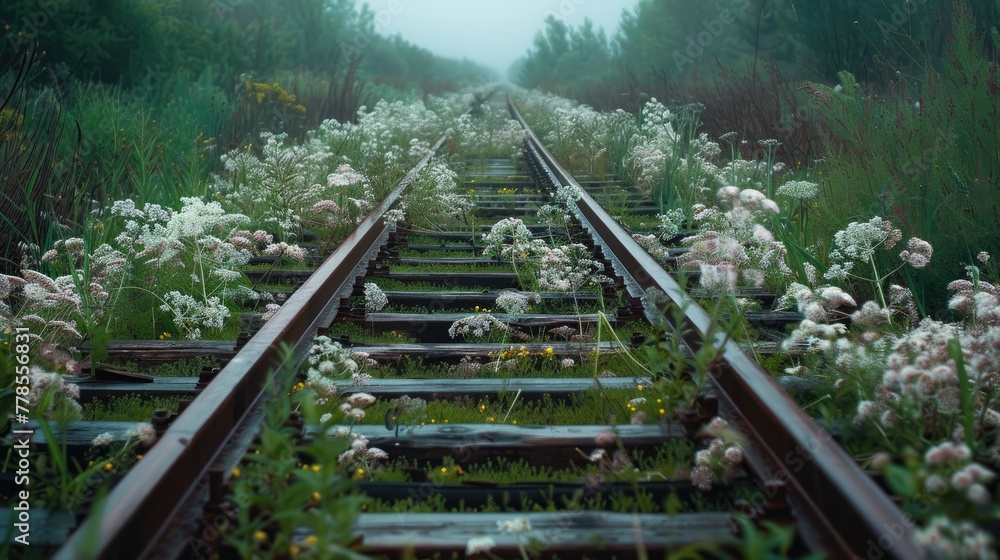 Fantastic abandoned railroad track stretching straight across a field ...