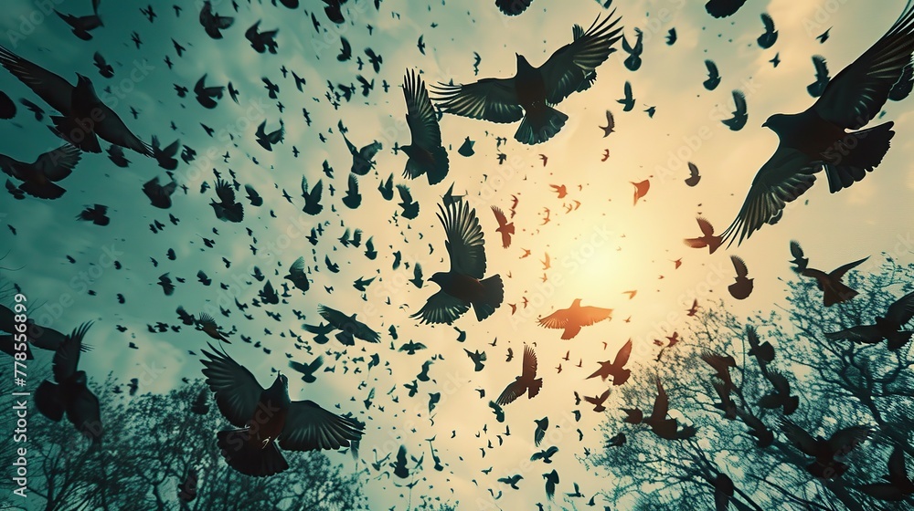 Flocks of birds fly across the cloudy sky. Stock Illustration | Adobe Stock