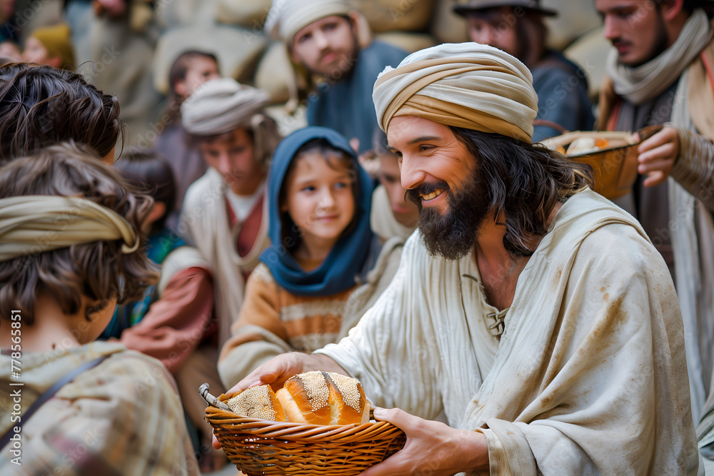 Jesus Christ feeding crowd of five thousand people with loaves Stock ...