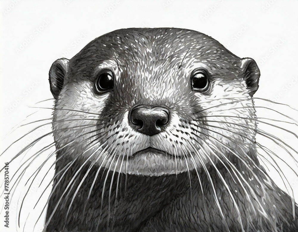 Pencil drawing of a northern river otter isolated against a white ...