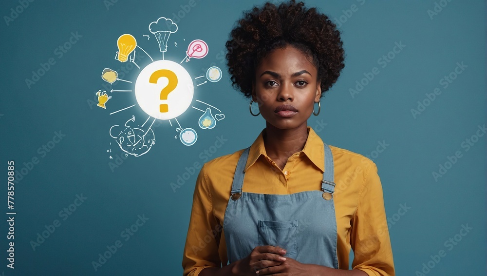 Thinking, idea and black woman with mockup in studio for planning ...