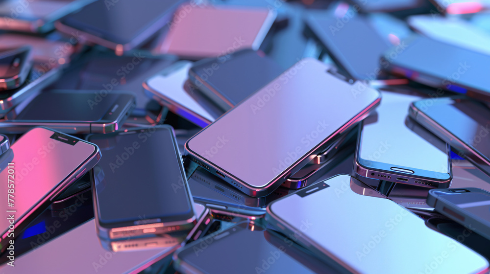 A pile of many mobile phones on a table. The background features ...
