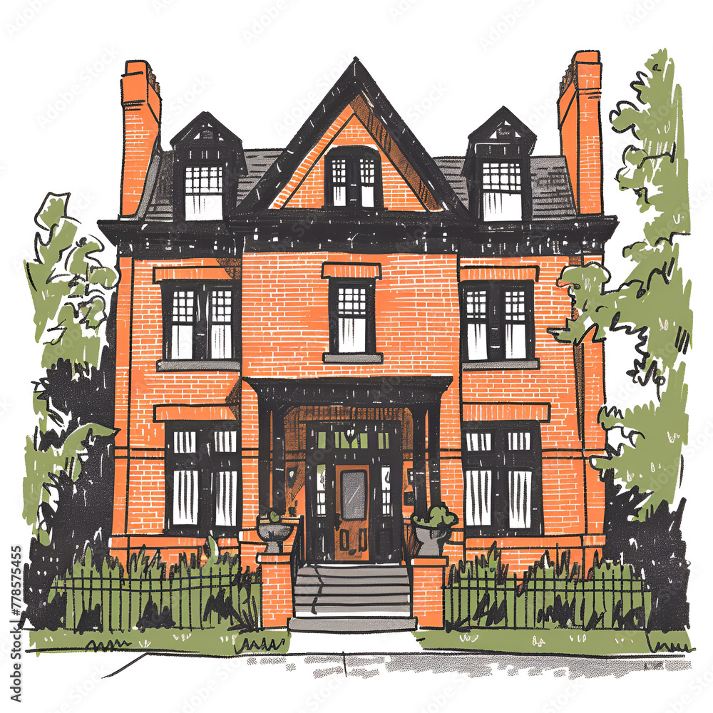 Sketch of a traditional brick house with detailed windows, a gable roof ...