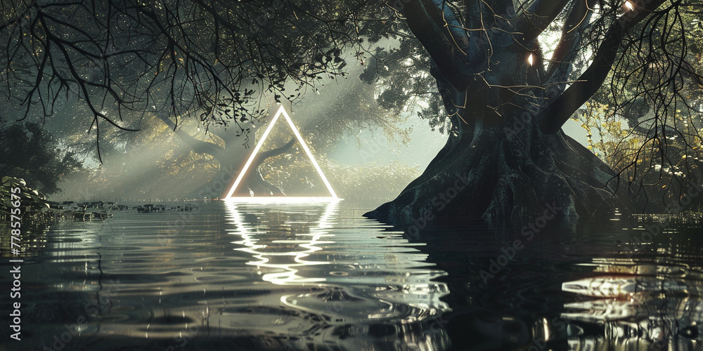 glowing white triangle of light floating in black space, subtle light ...