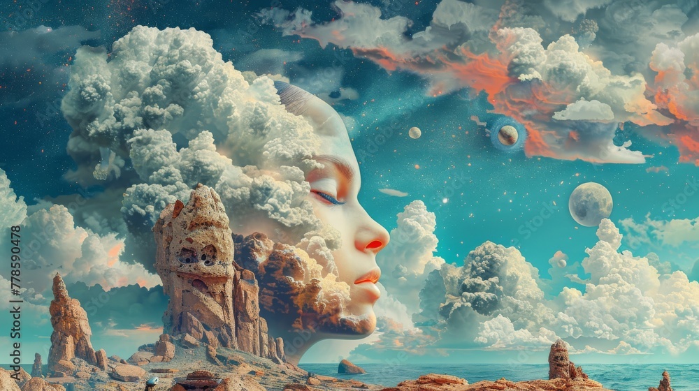 Surreal illustration blending happiness and sadness, evoking a complex ...