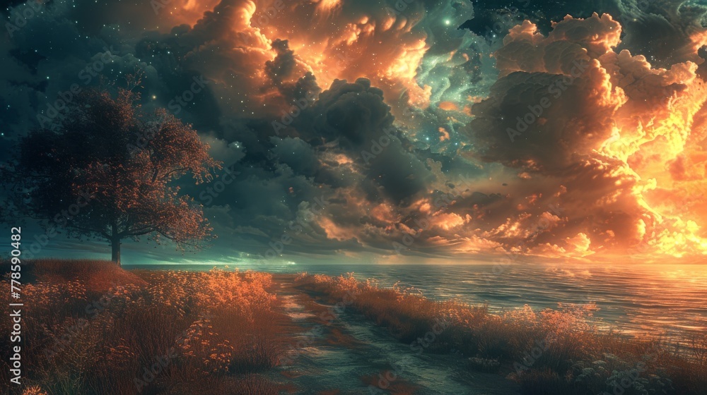 Surreal landscape conveying both elation and sorrow, creating a thought ...