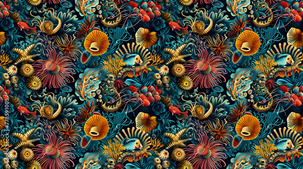 Stockillustratie Fictional sea creatures wallpaper, seamless pattern ...