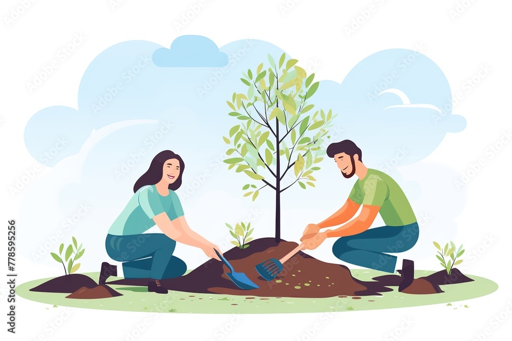Tree planting, community service and volunteering group in park, garden ...