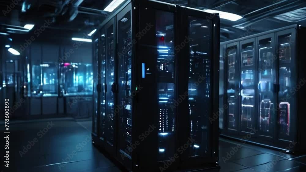 Modern Data Technology Center Server Racks in Dark Room with VFX ...