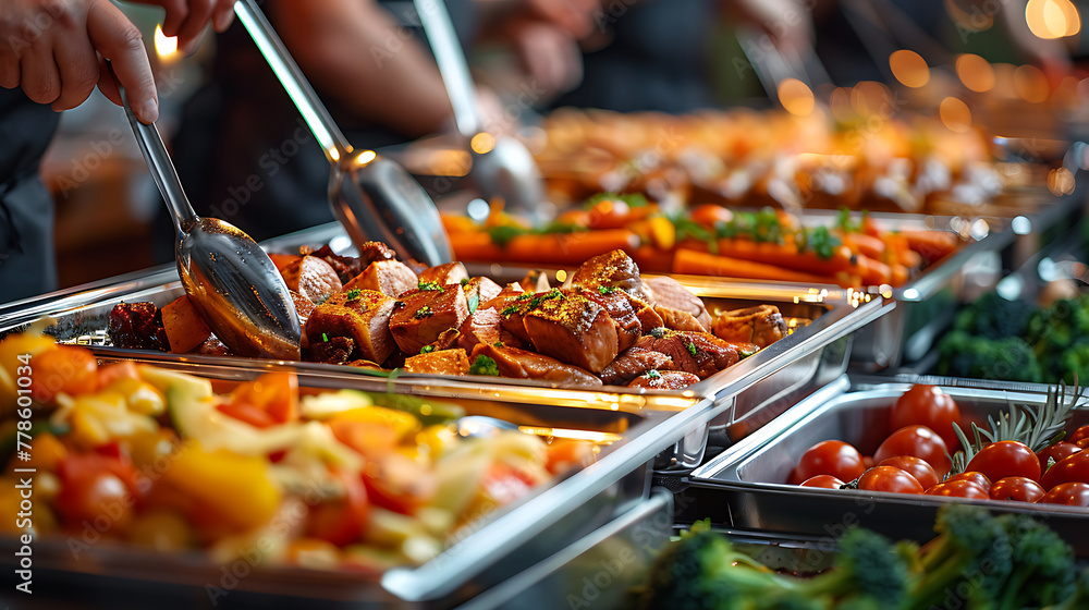 People group catering buffet food indoor in restaurant with meat ...