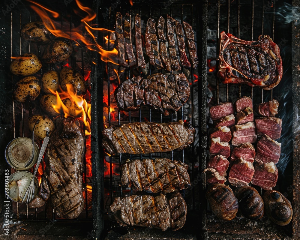 An aerial view of a traditional Argentinian asado with various cuts of ...