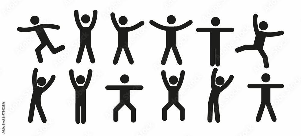 collection of stick man figures, pictographs, man standing, running ...
