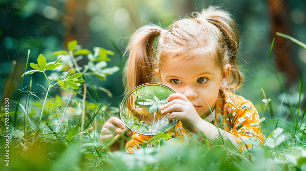 Young girl exploring nature with a magnifying glass, lying on grass ...