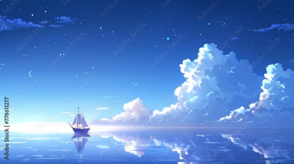 A scene of a ship sailing in the middle of a calm sea. An image of a ...