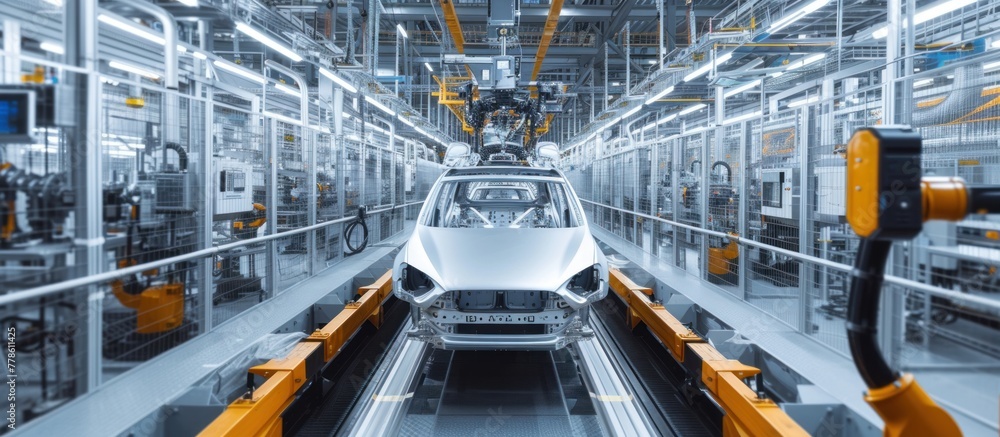 Car production factory, Automated robot arm assembly manufacturing ...