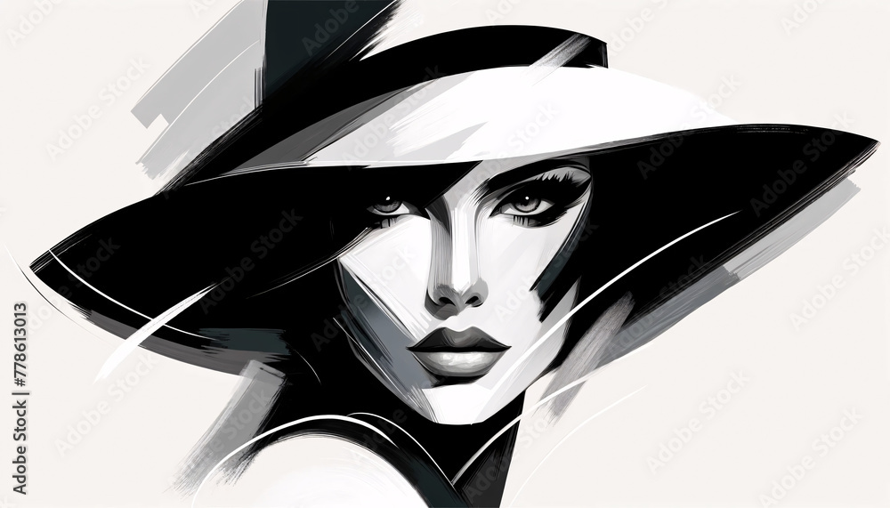 An abstract portrait of a stylish figure wearing a wide-brimmed hat ...