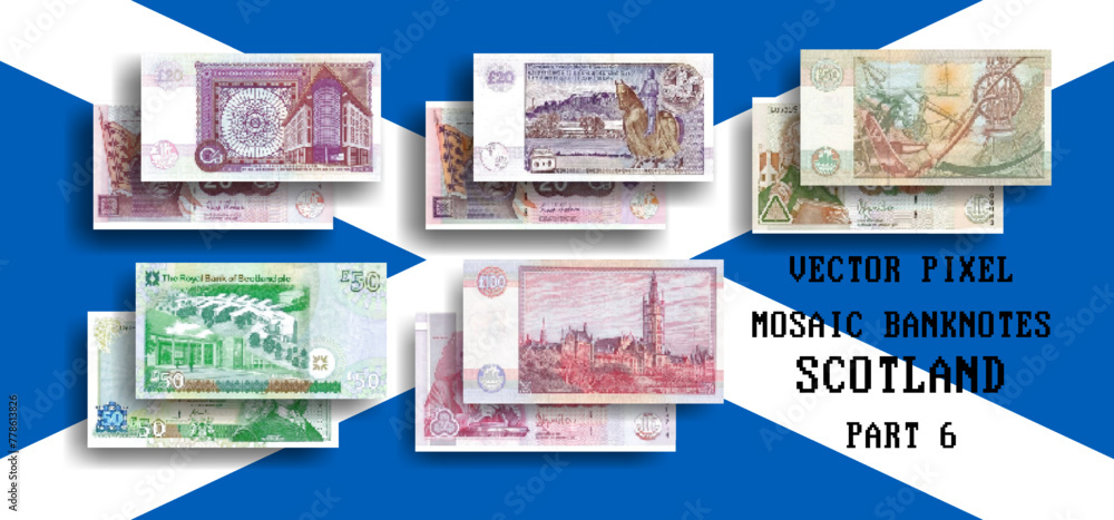 Vector set of pixel mosaic banknotes of Scotland. Collection of notes ...