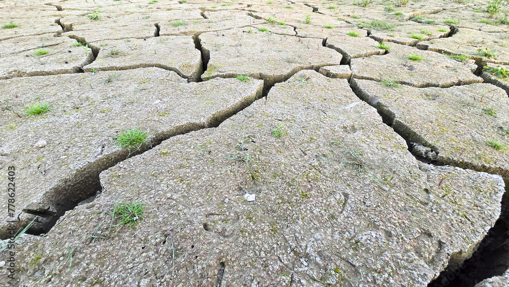 Landscape of cracked earth after Lake drying on summer. Water crisis an ...