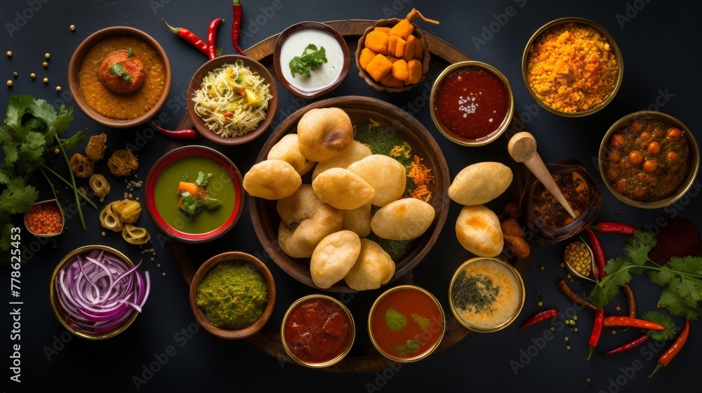 An overhead shot of a street food scene with different types of chaat ...