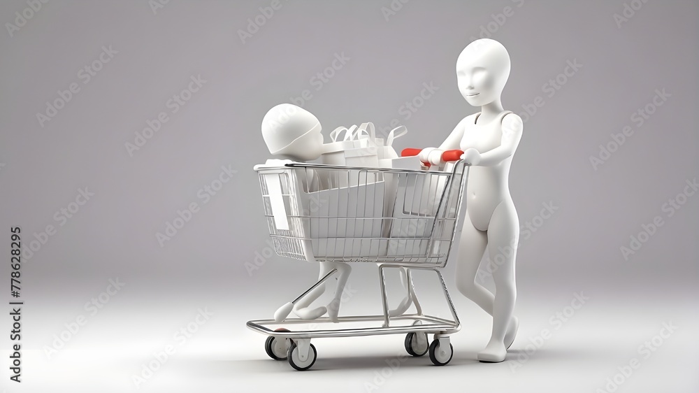 3D Human Figures with White Shopping Carts in Retail Illustrations, 3D ...