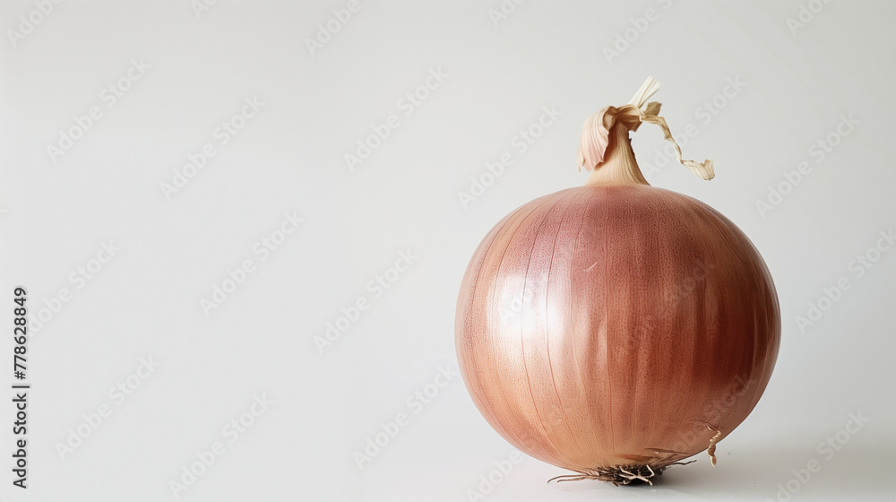 Whole onion with papery skin on white background. Layers visible, depth ...
