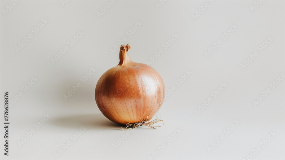 Whole onion with papery skin on white background. Layers visible, depth ...