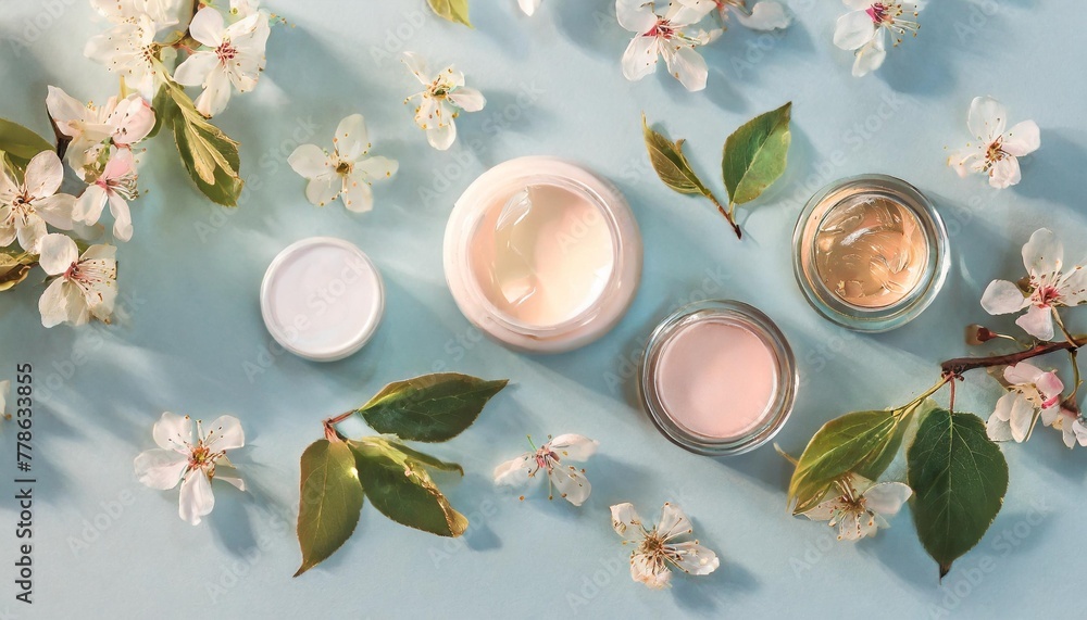 beauty background with facial cosmetic products leaves and cherry ...