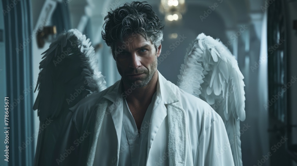 Doctor with angel wings in a white coat. Guardian angel concept. Hero ...