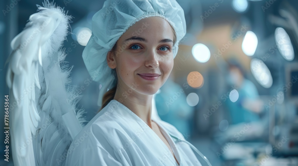 Doctor with angel wings in a white coat. Guardian angel concept. Hero ...