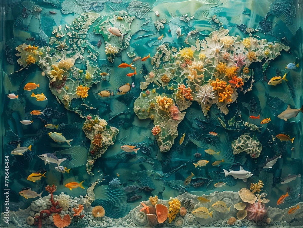 World map tank, teeming with reef fish, on a soft mint backdrop, wide ...