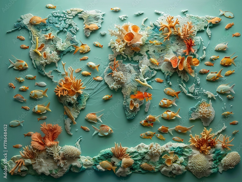 World map tank, teeming with reef fish, on a soft mint backdrop, wide ...