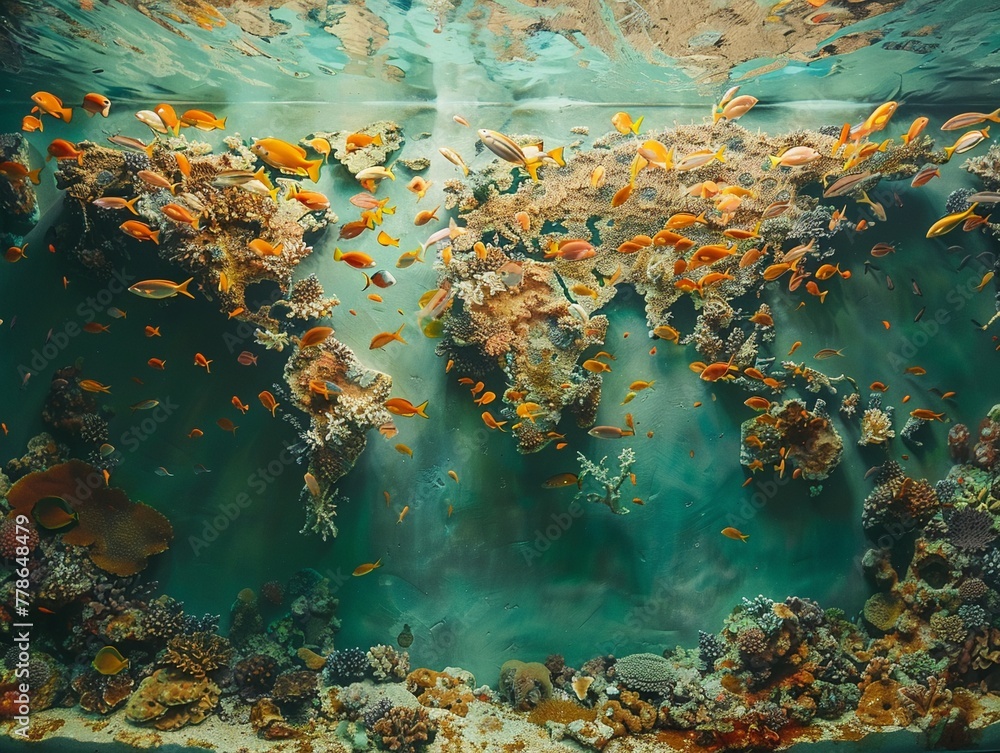 World map tank, teeming with reef fish, on a soft mint backdrop, wide ...