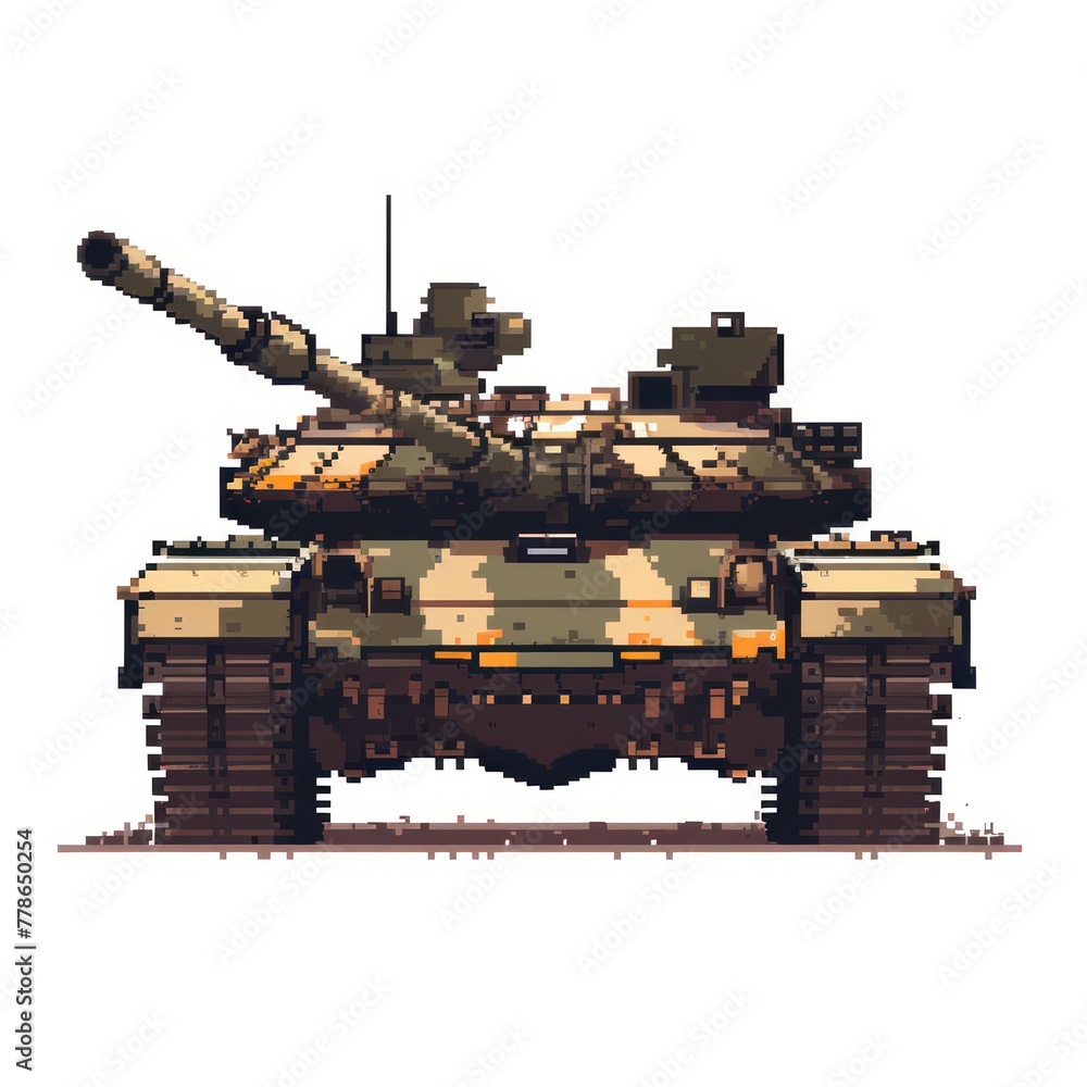 Intricate pixel art depicting a heavily armored military battle tank ...
