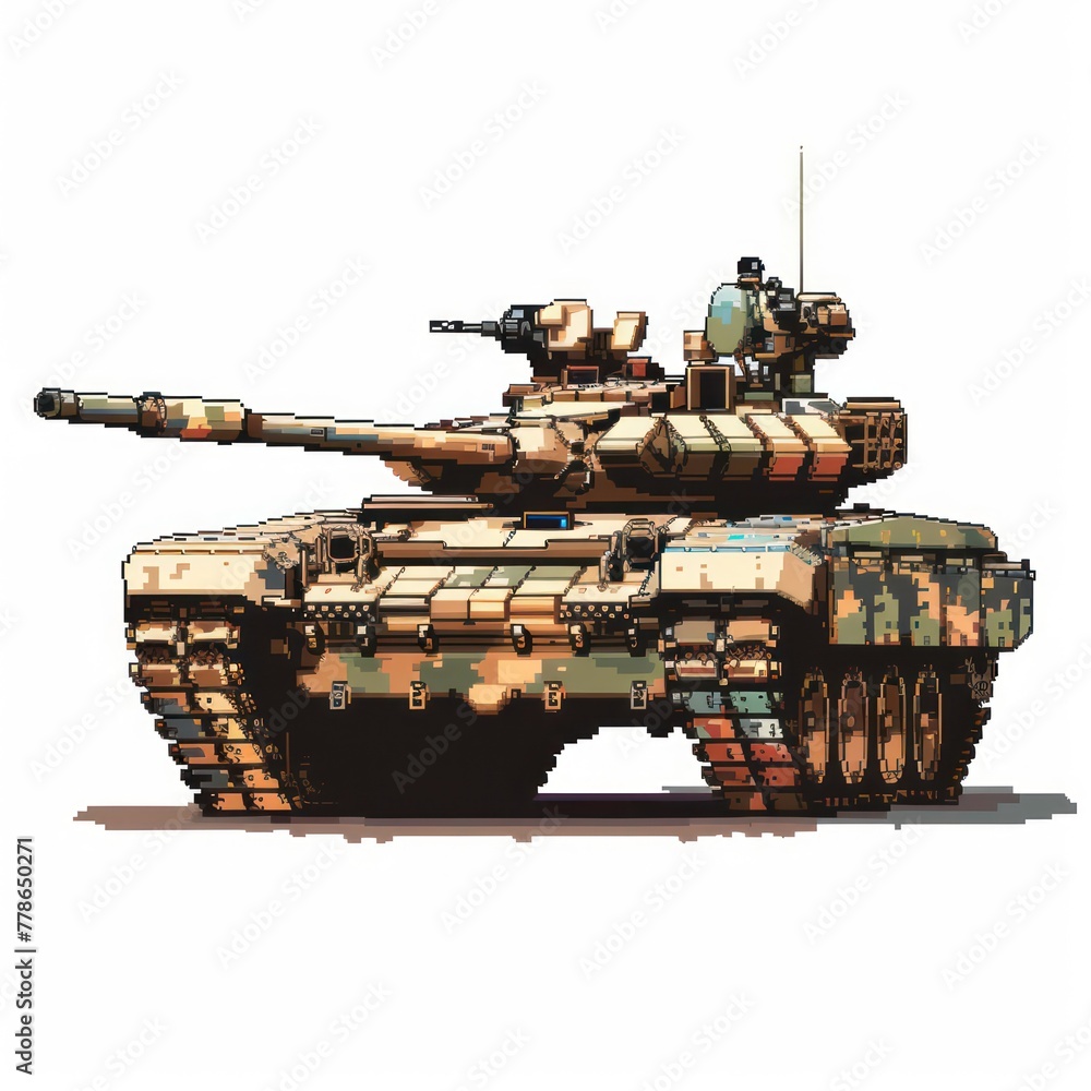 This image features a detailed portrayal of a military tank in pixel ...