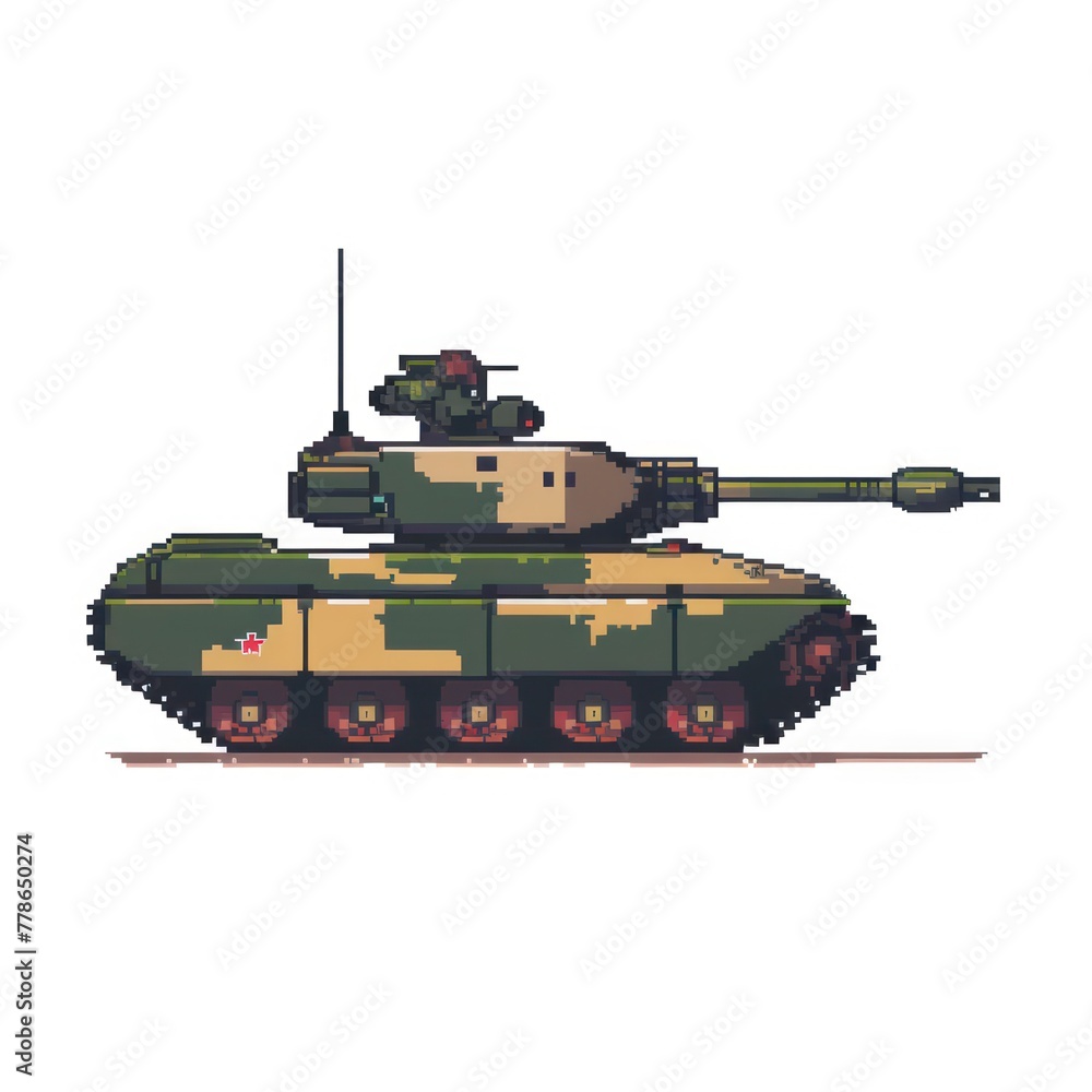 Detailed pixel art of a green military tank with a star insignia ...