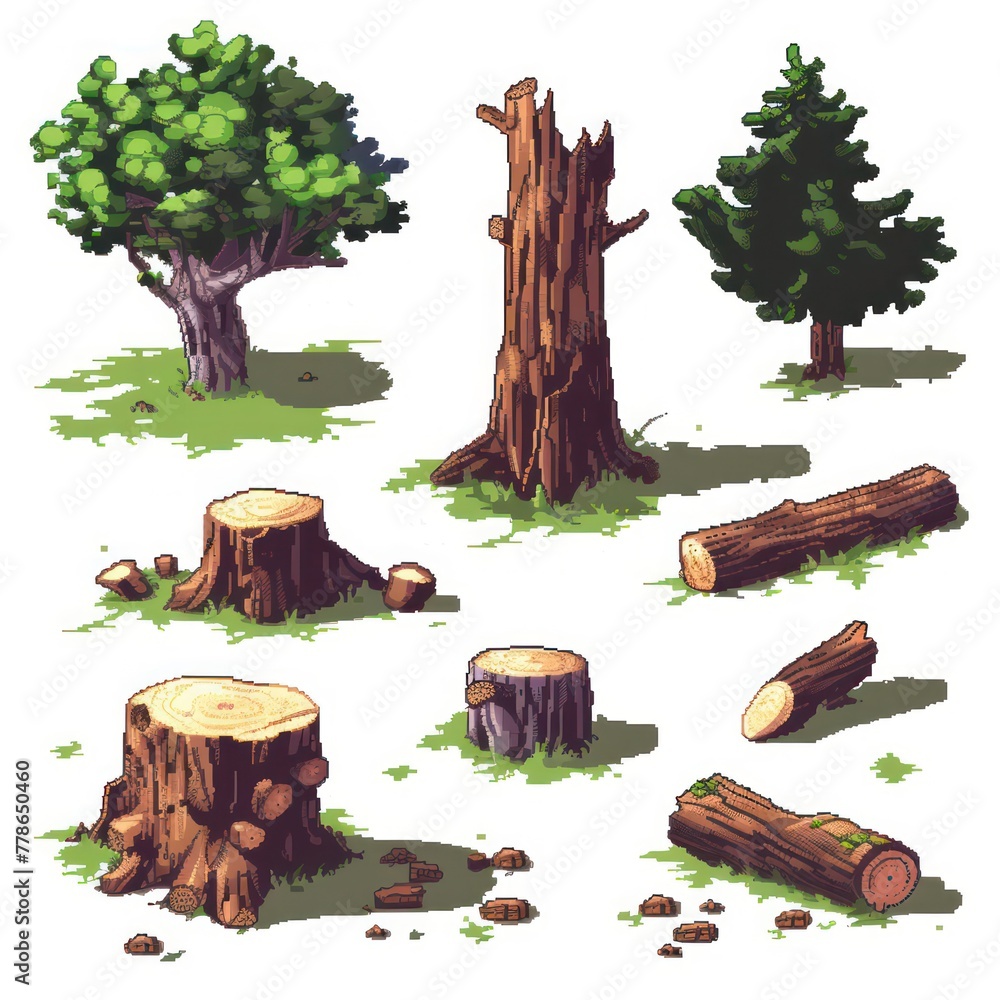 A collection of pixel art trees, a tall stump, logs, and chopped wood ...