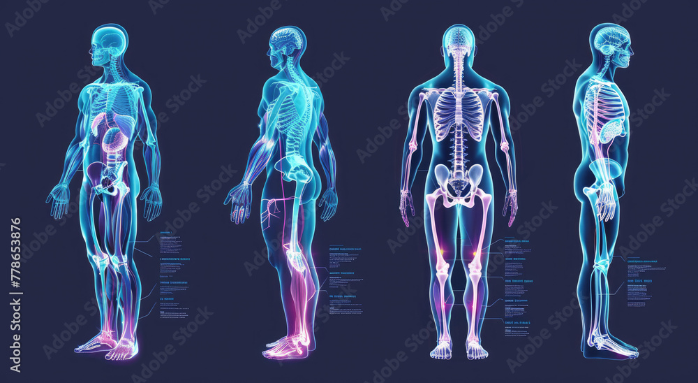 different human bodies, with anatomy diagrams and information boxes on ...