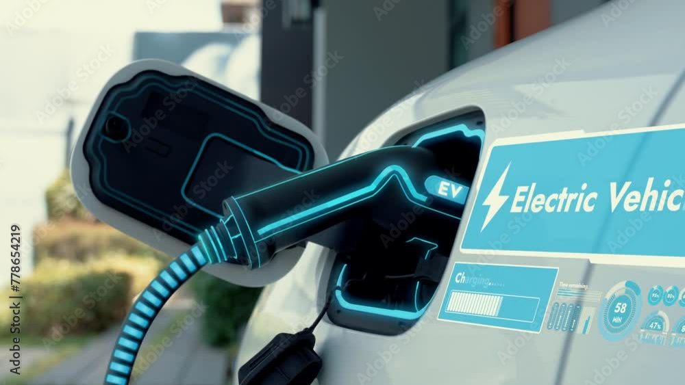 Electric car recharging in futuristic home charging station with smart ...