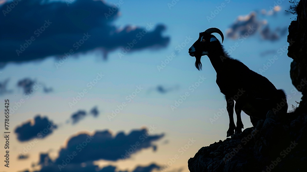 Ethereal Dusk: Silhouette of a Goat on a Mountain Ledge Against ...