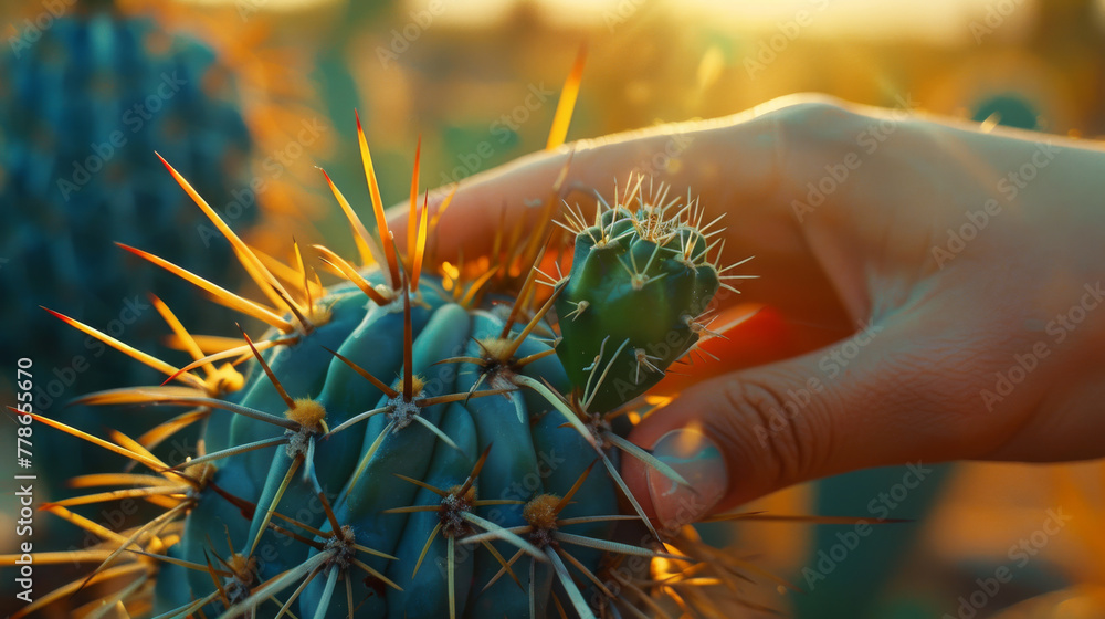 Hand touching a cactus spines , people taking care of the cacti plant ...