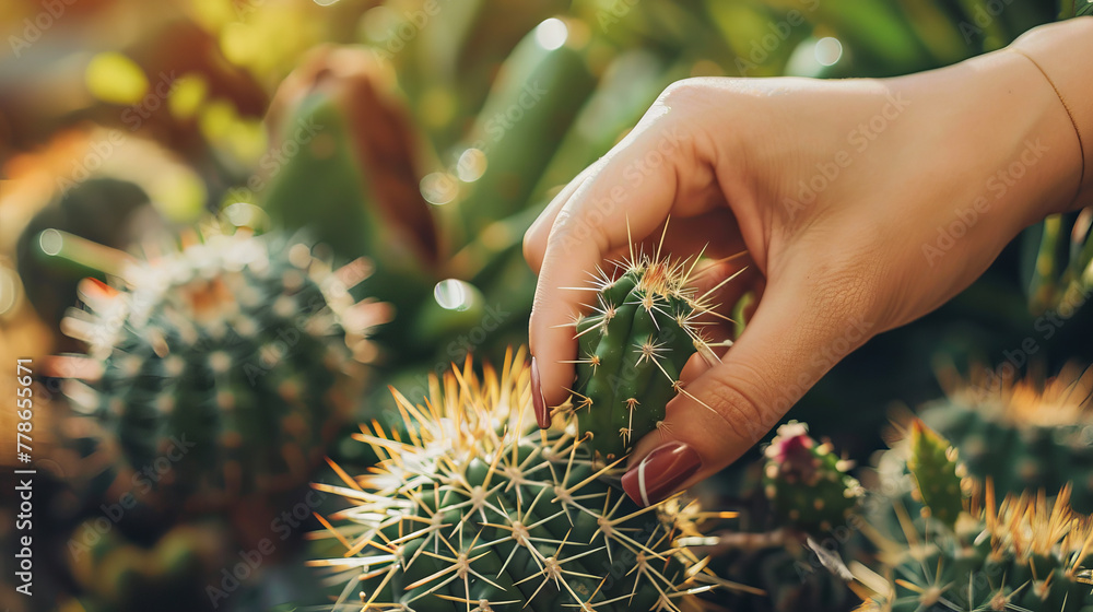 Hand touching a cactus spines , people taking care of the cacti plant ...