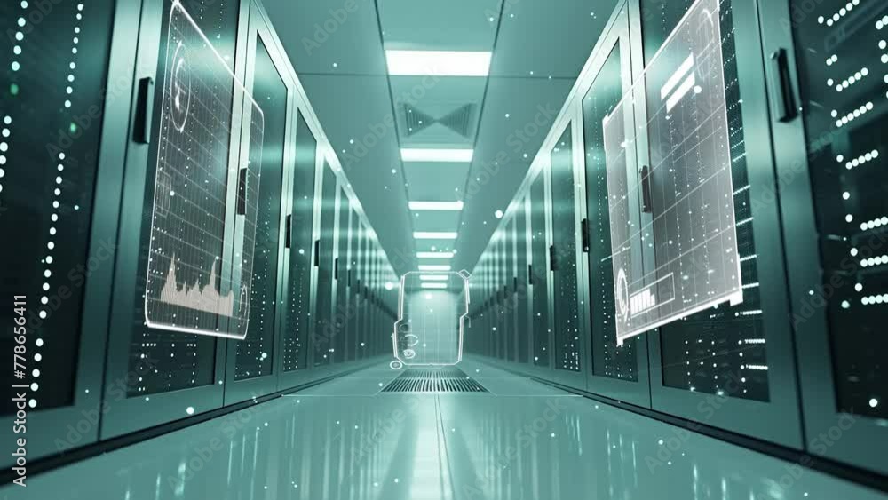 futuristic data center ballroom within a cutting. seamless looping ...