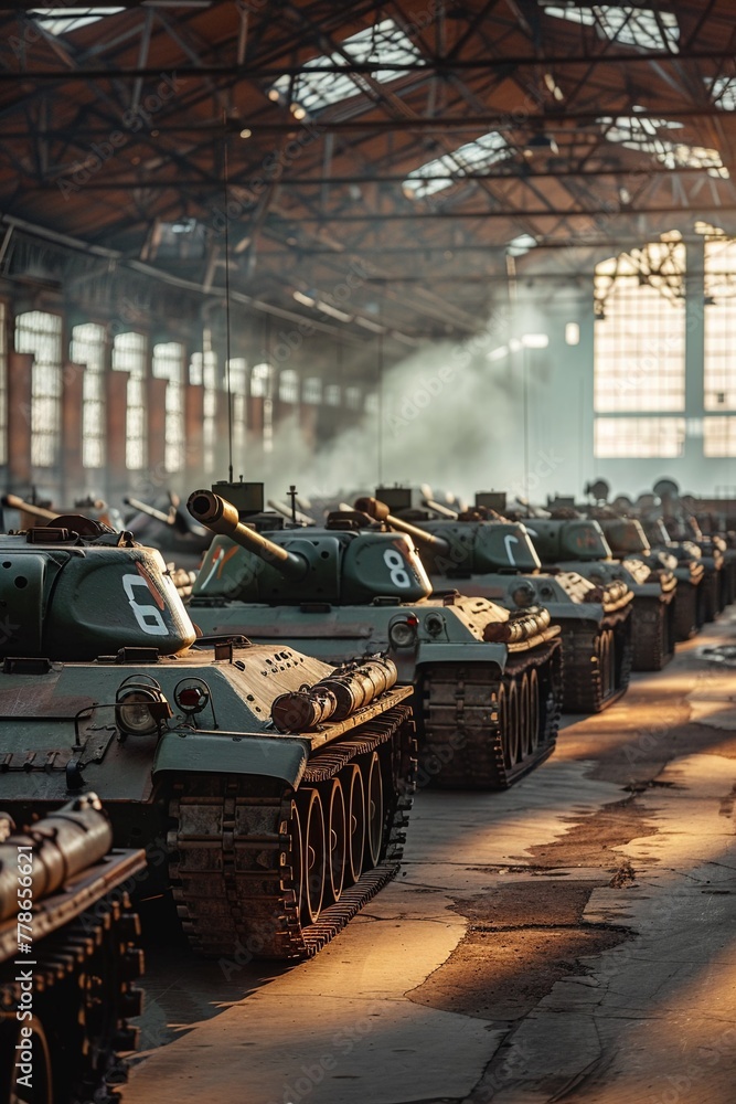 Military tanks in exhibition, hangar interior, clear day, eyelevel ...