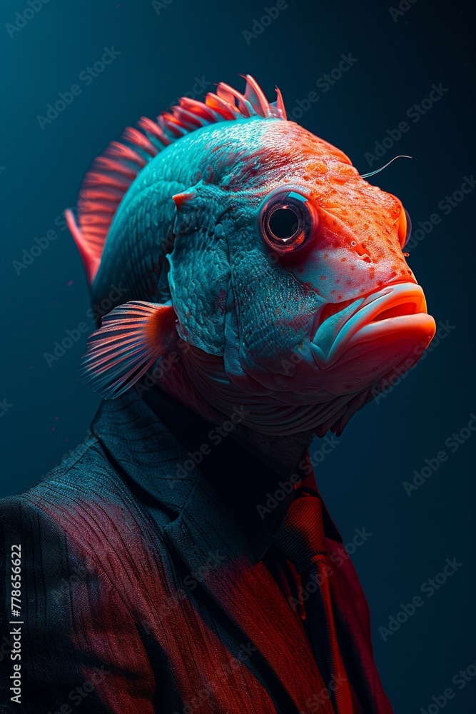 Man with fish visage, wearing suit, tie in a knot, amusement filled ...