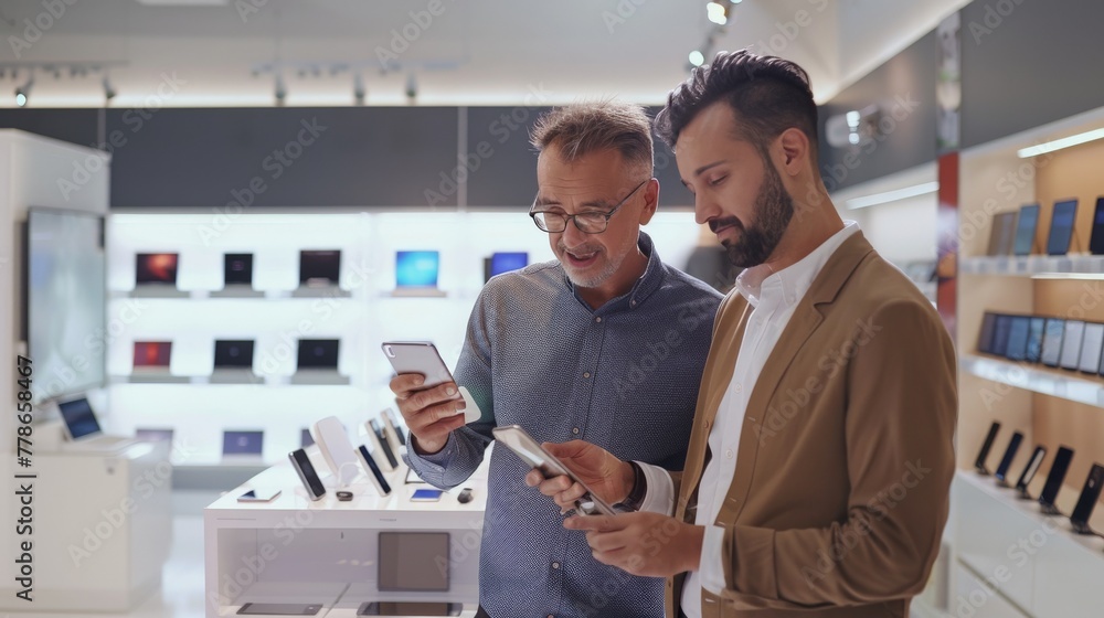 Two men comparing tech gadgets in a sleek electronics shop, discussing ...
